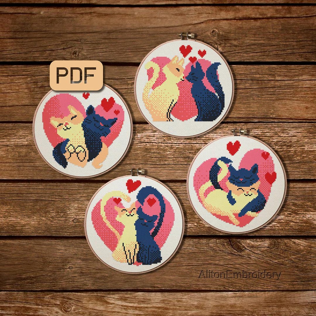 Love Cats Cross Stitch Pattern PDF Heart Cross Stitch Bundle Valentine ...