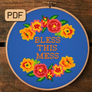 Bless This Mess Cross Stitch Pattern, Funny Cross Stitch Pattern PDF - Etsy