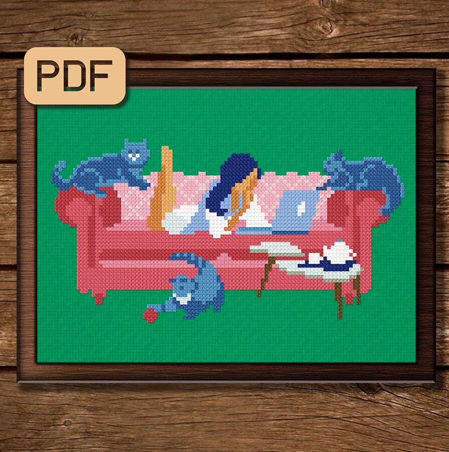 Modern cross stitch pattern girl and cats embroidery cute | Etsy