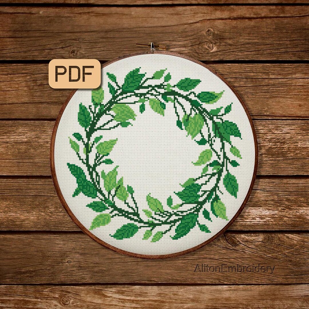 Leaf Wreath Cross Stitch Pattern: Leafy Embroidery Border (PDF Pattern ...