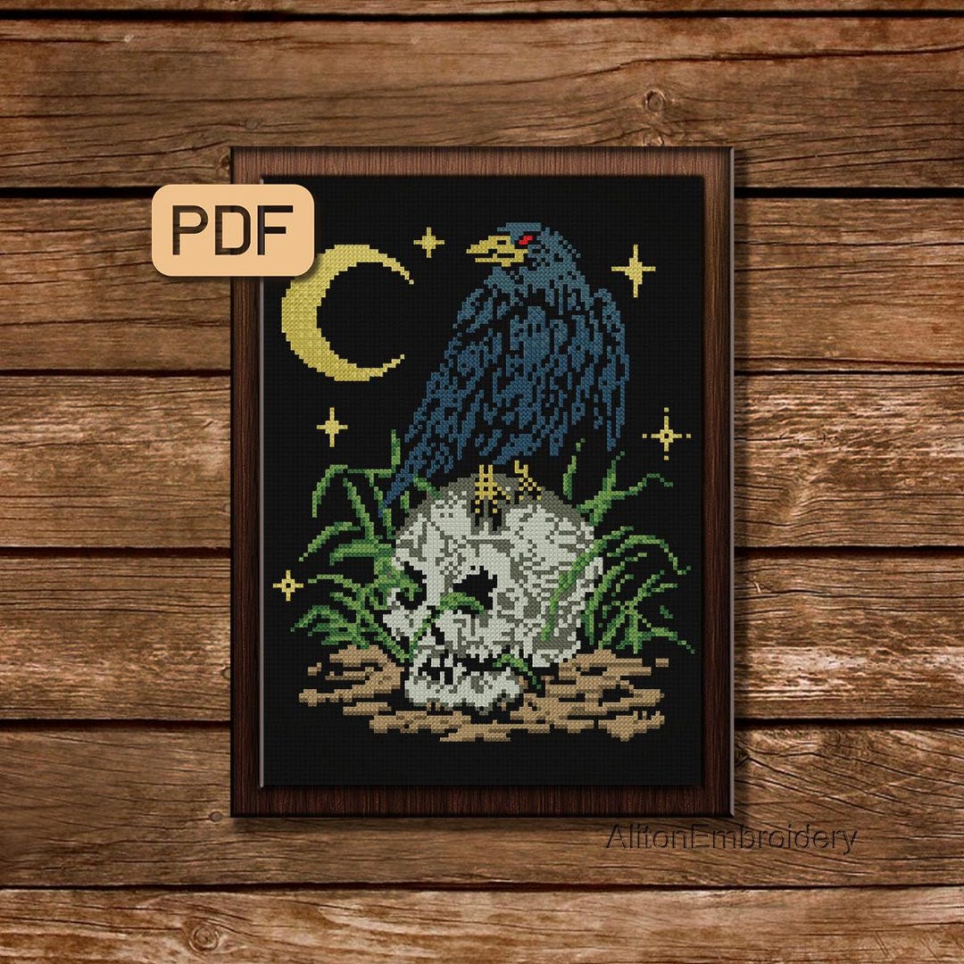 Raven on Skull Cross Stitch Pattern, Spooky Crow Crossstitch PDF ...