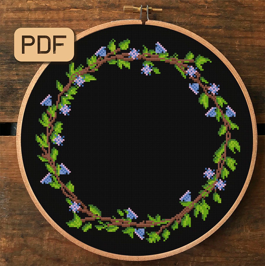 Flower Wreath Cross Stitch Pattern Leaf Border Needlepoint Pdf | Etsy