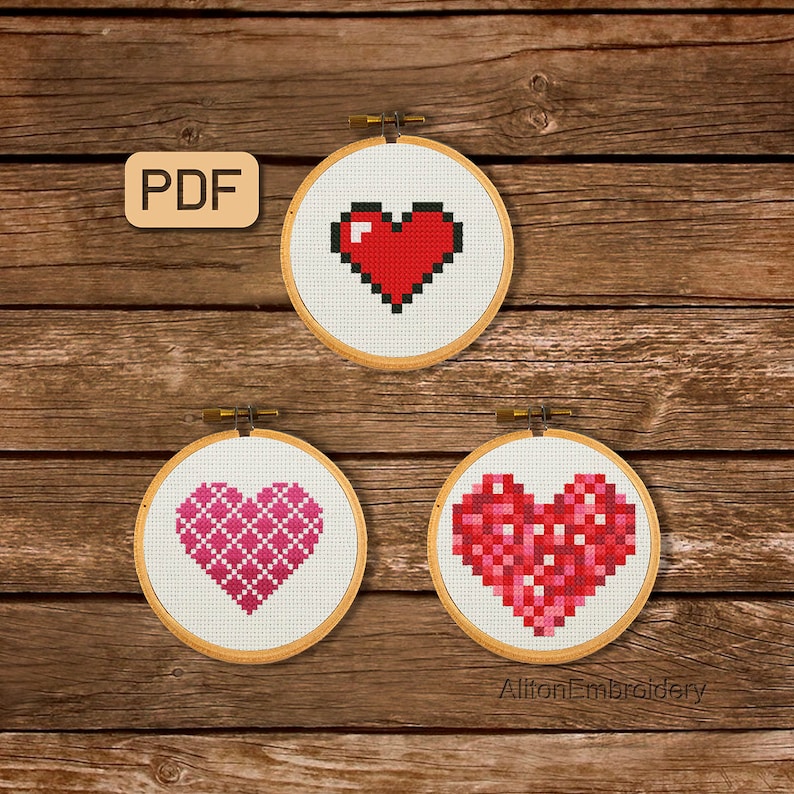 Set of 3 Tiny Heart Cross Stitch Patterns Small Valentine - Etsy
