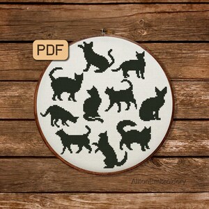 Black Cats Cross Stitch Pattern, Easy Crossstitch PDF, Cat Silhouette Embroidery Design, Instant ...