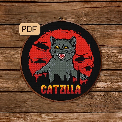 Funny Cat Cross Stitch Pattern Catzilla Crossstitch PDF Cute - Etsy