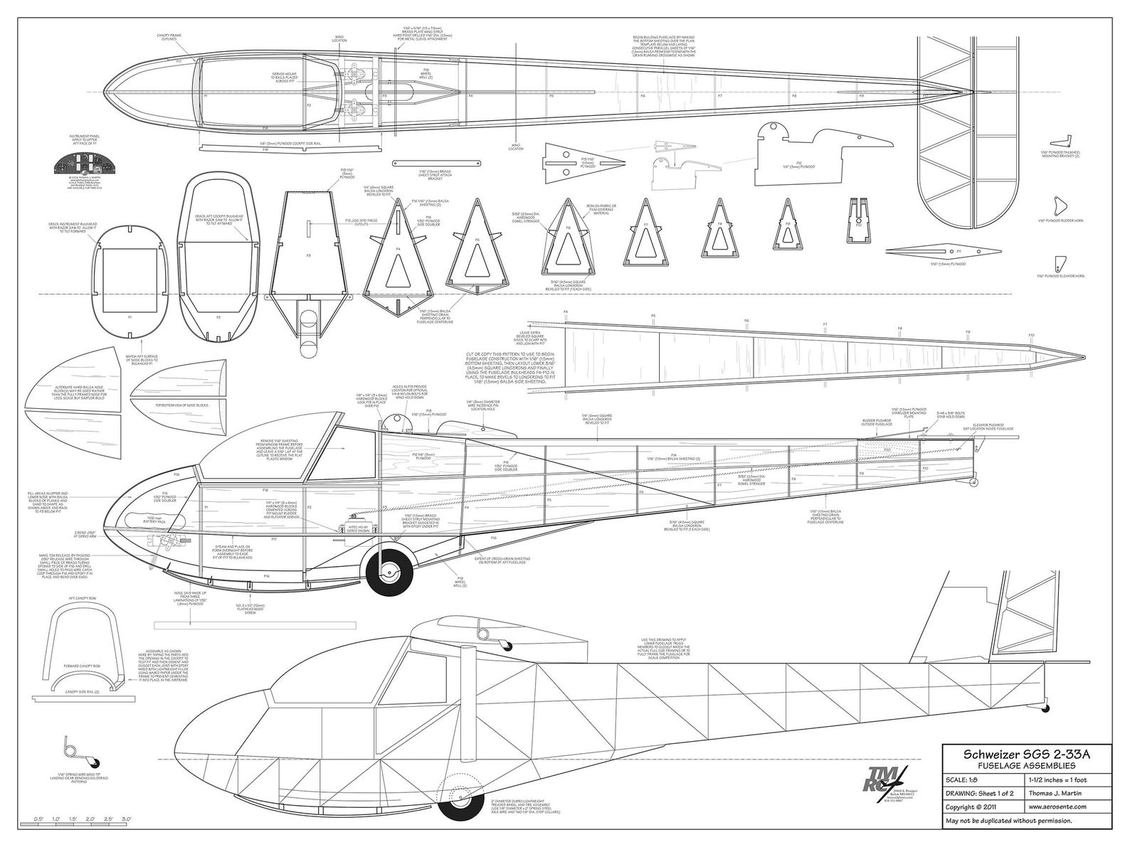 Schweizer SGS 2-33A Trainer 1:5 Scale 2 Sheet PLANS ONLY With Patterns ...