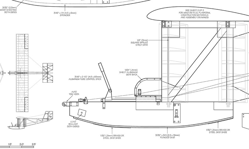 Schweizer SGP 1-1 Primary Trainer 1:3 Scale 128.4 Span Plans, 3 Sheets ...