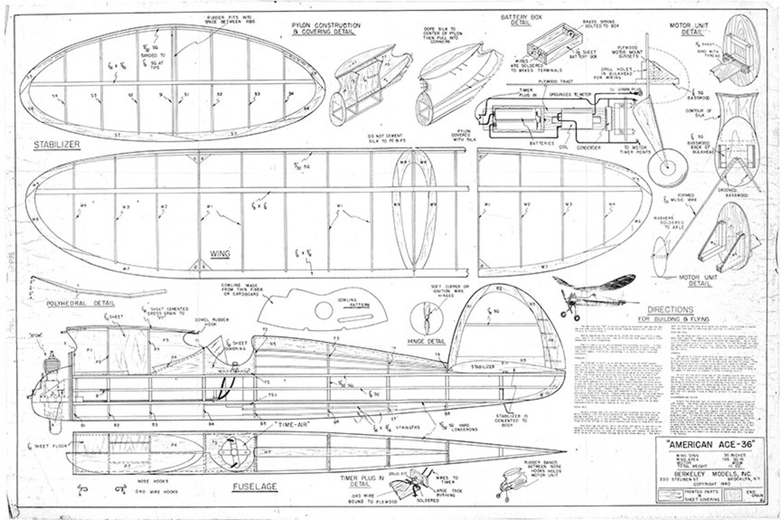 Digital Berkeley American Ace 36 Span Balsa Model Airplane Plans With ...