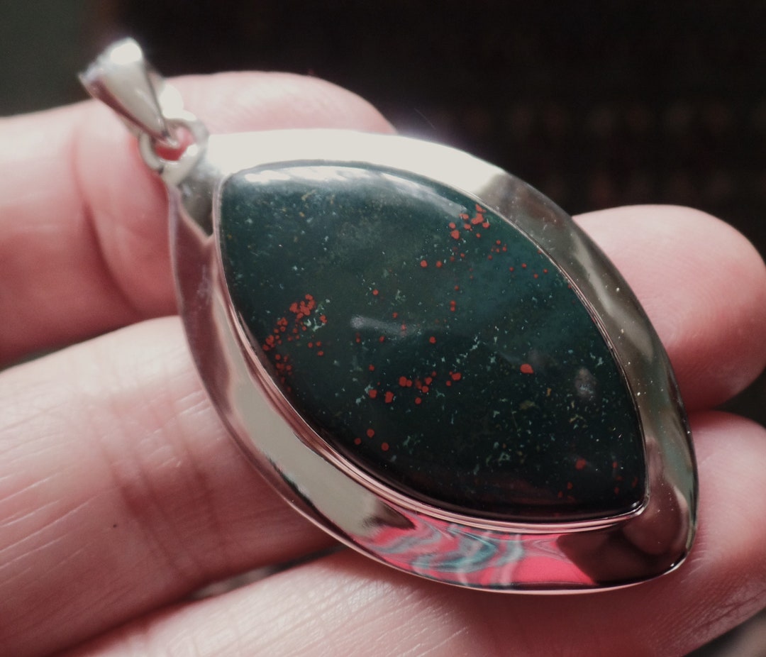 Sterling Silver and Natural Bloodstone Heliotrope Pendant March Aries ...
