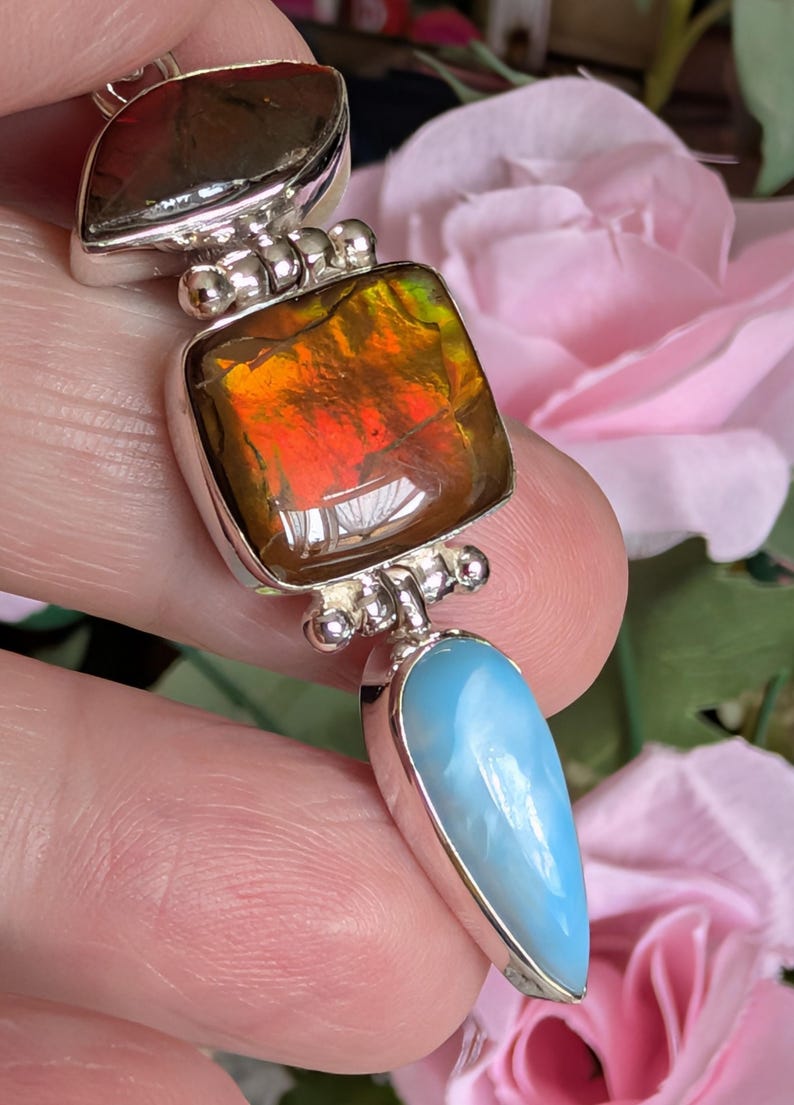Sterling Silver Larimar and Canadian Ammolite Levalier Pendant 10.1g ...