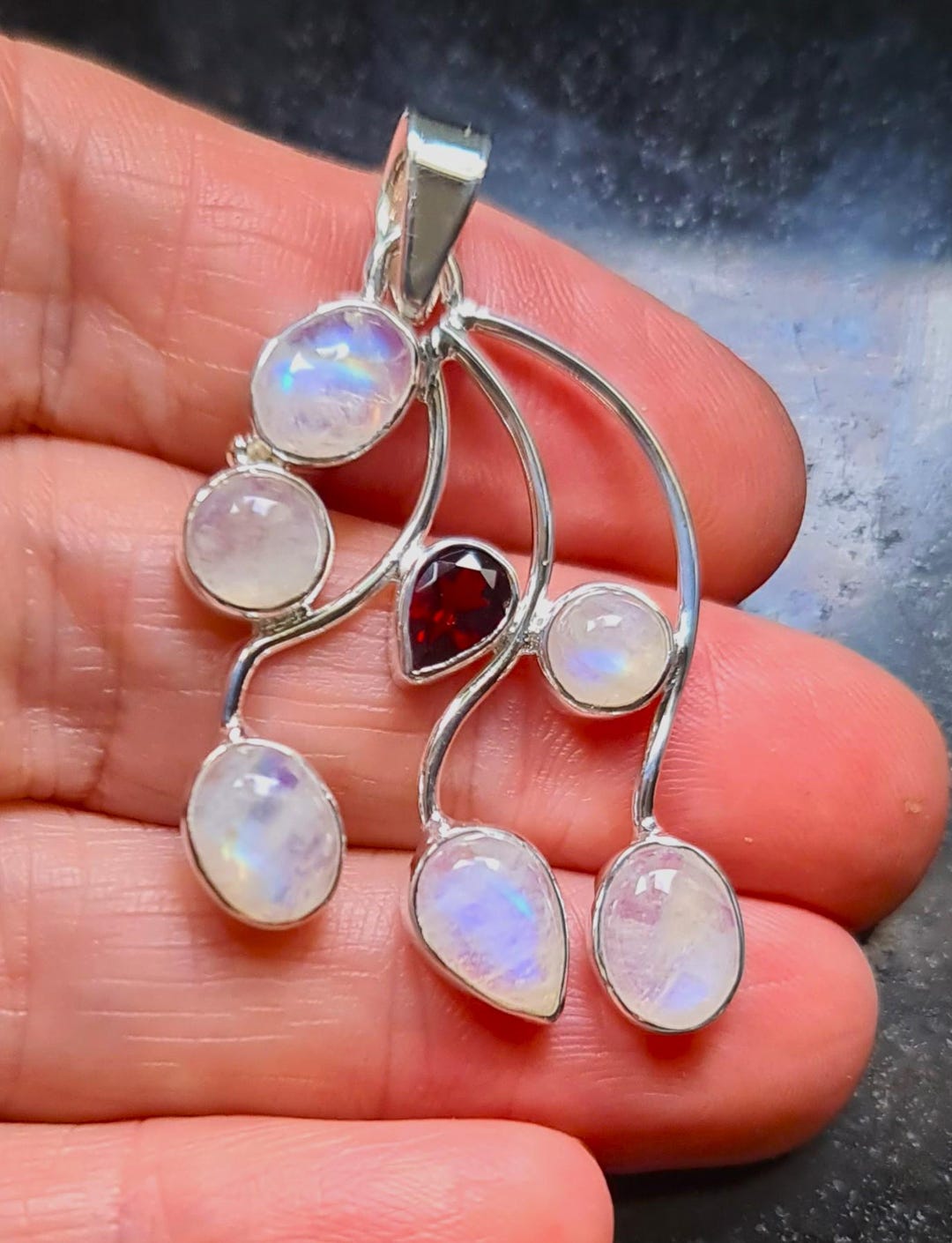 Sterling Silver Moonstone and Garnet Fireworks Pendant - Etsy