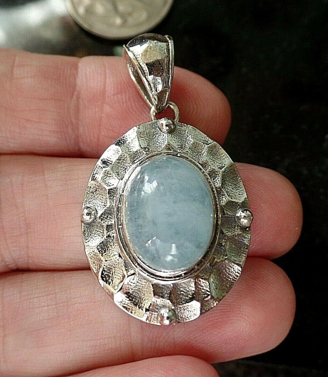 Arts & Crafts Style Hammered Sterling Silver and Chalcedony Pendant 11 ...