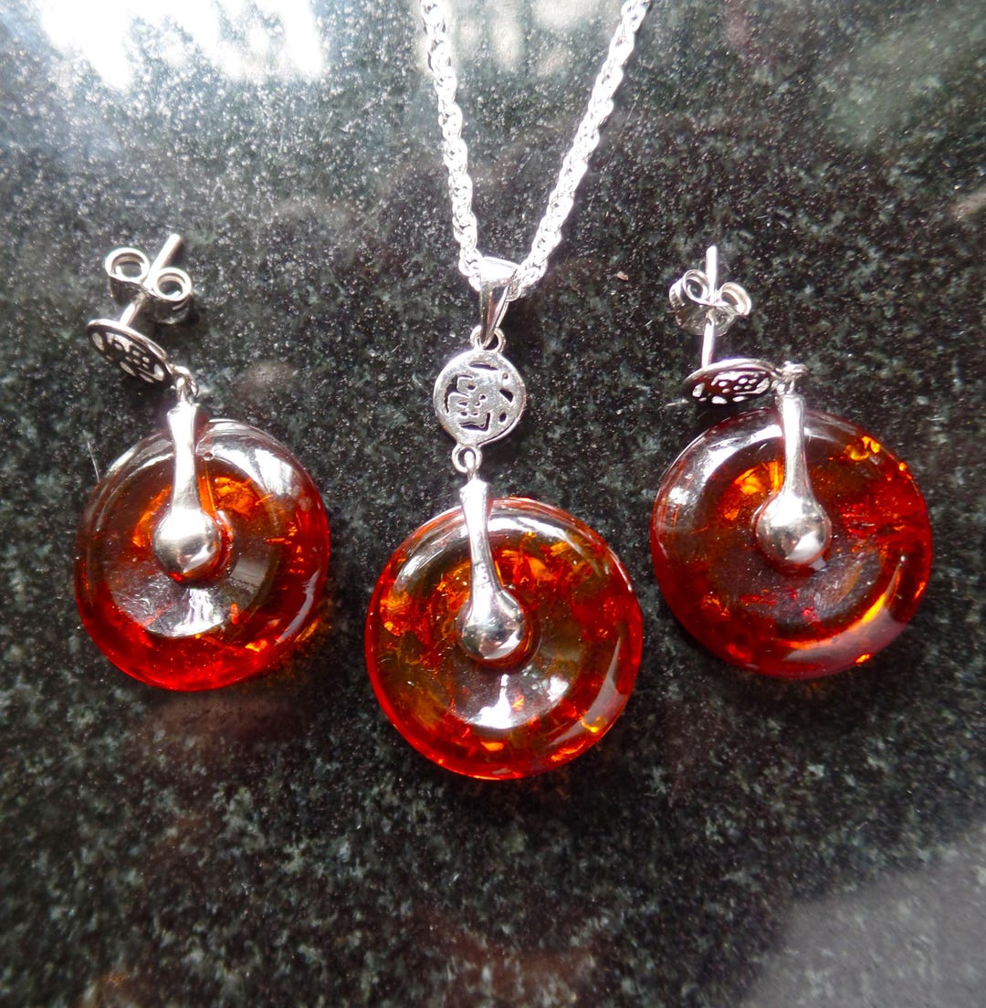 Chinoiserie Sterling Silver and Baltic Amber Disc Necklace and Stud ...