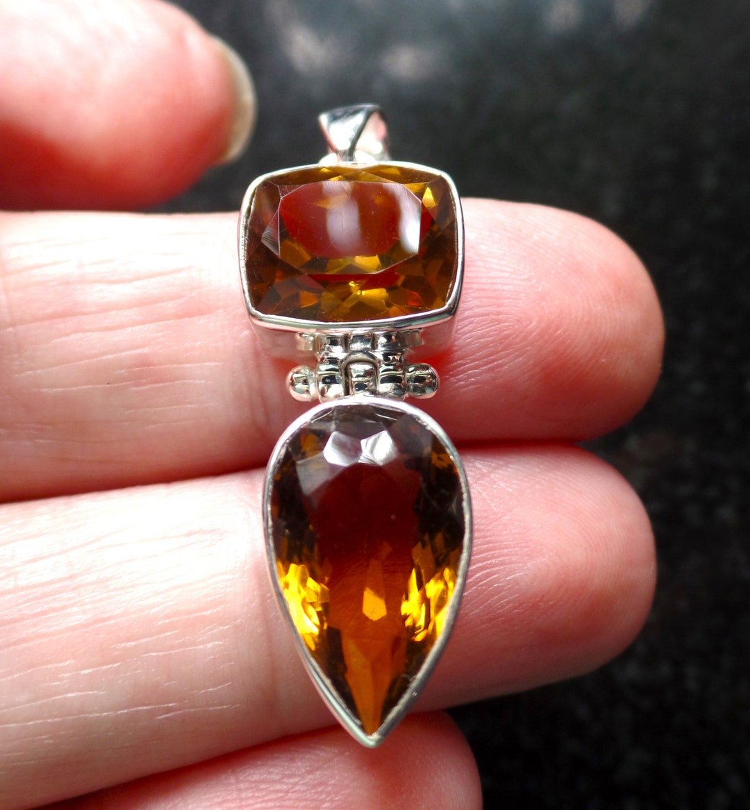 Striking Sterling Silver and Whisky Quartz Hinged Double Pendant 6.8g ...