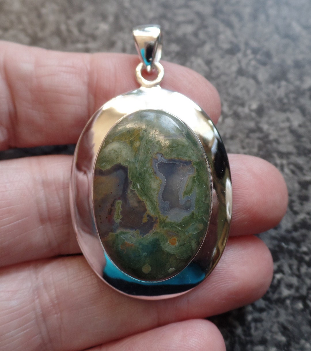 Scarce and Exotic Sterling Silver and Rainforest Rhyolite Pendant 16.7g ...