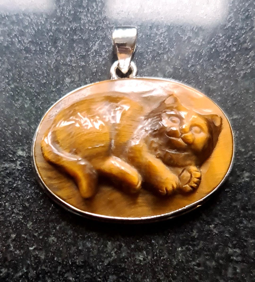 Chunky Sterling Silver and Raised Relief Carved Tigers Eye Cat Pendant ...