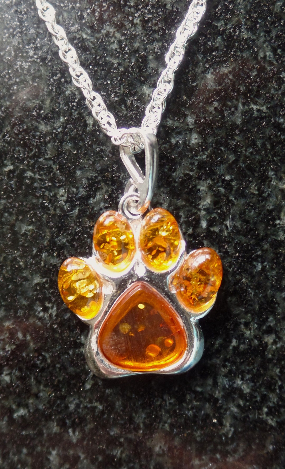 Sterling Silver and Cognac Amber Fur Baby Paw Necklace Amber Taurus ...