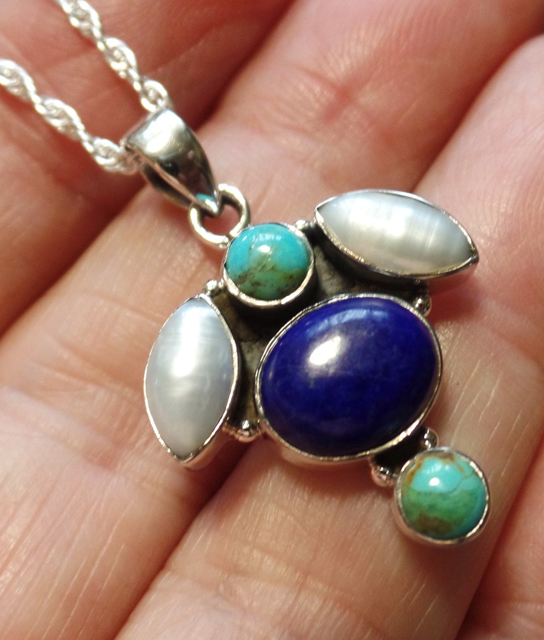 Sterling Silver Lapis Turquoise and Freshwater Pearl Necklace - Etsy
