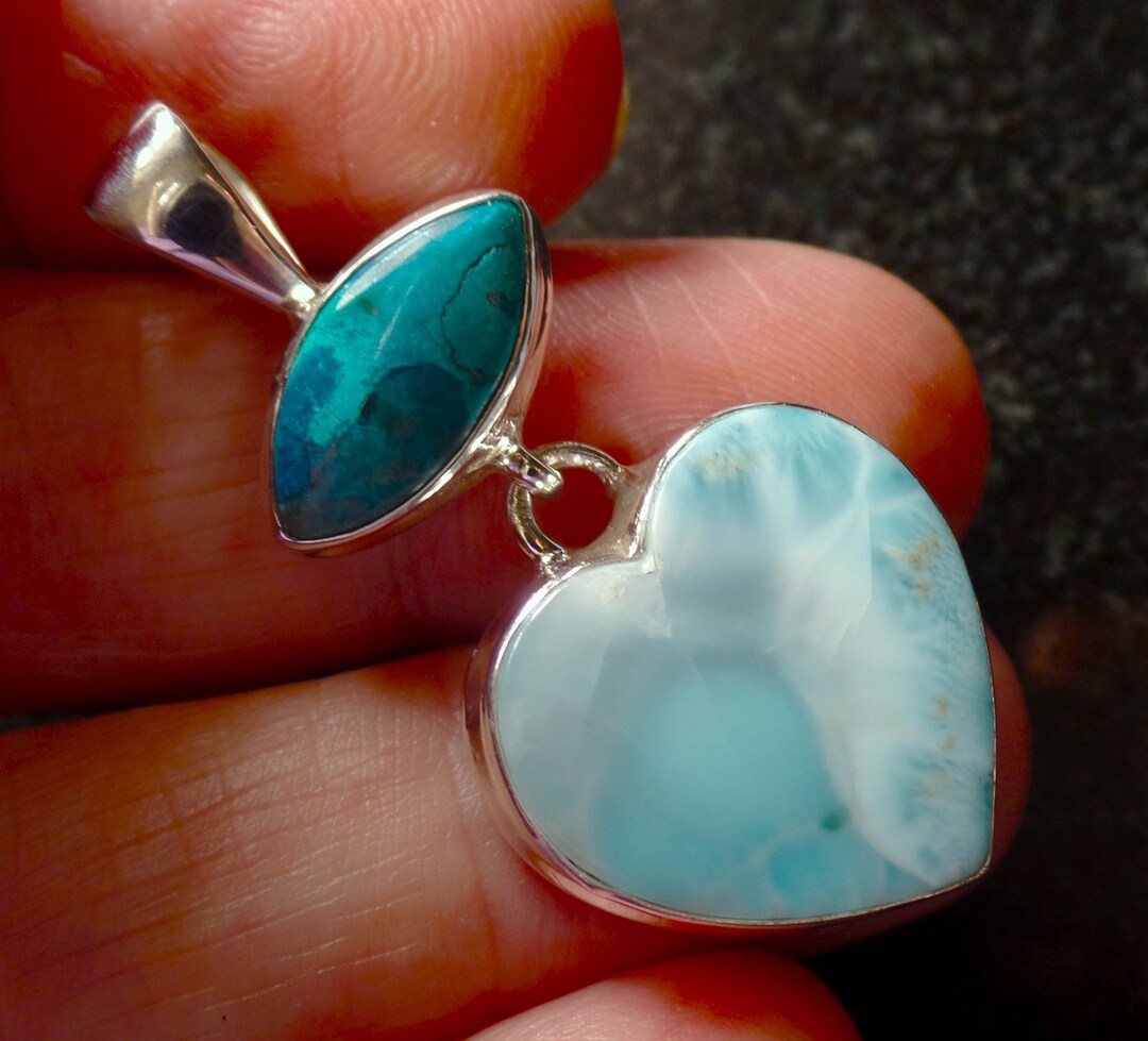 Sterling Silver Dominican Larimar Heart and Arizona Shattuckite Pendant ...