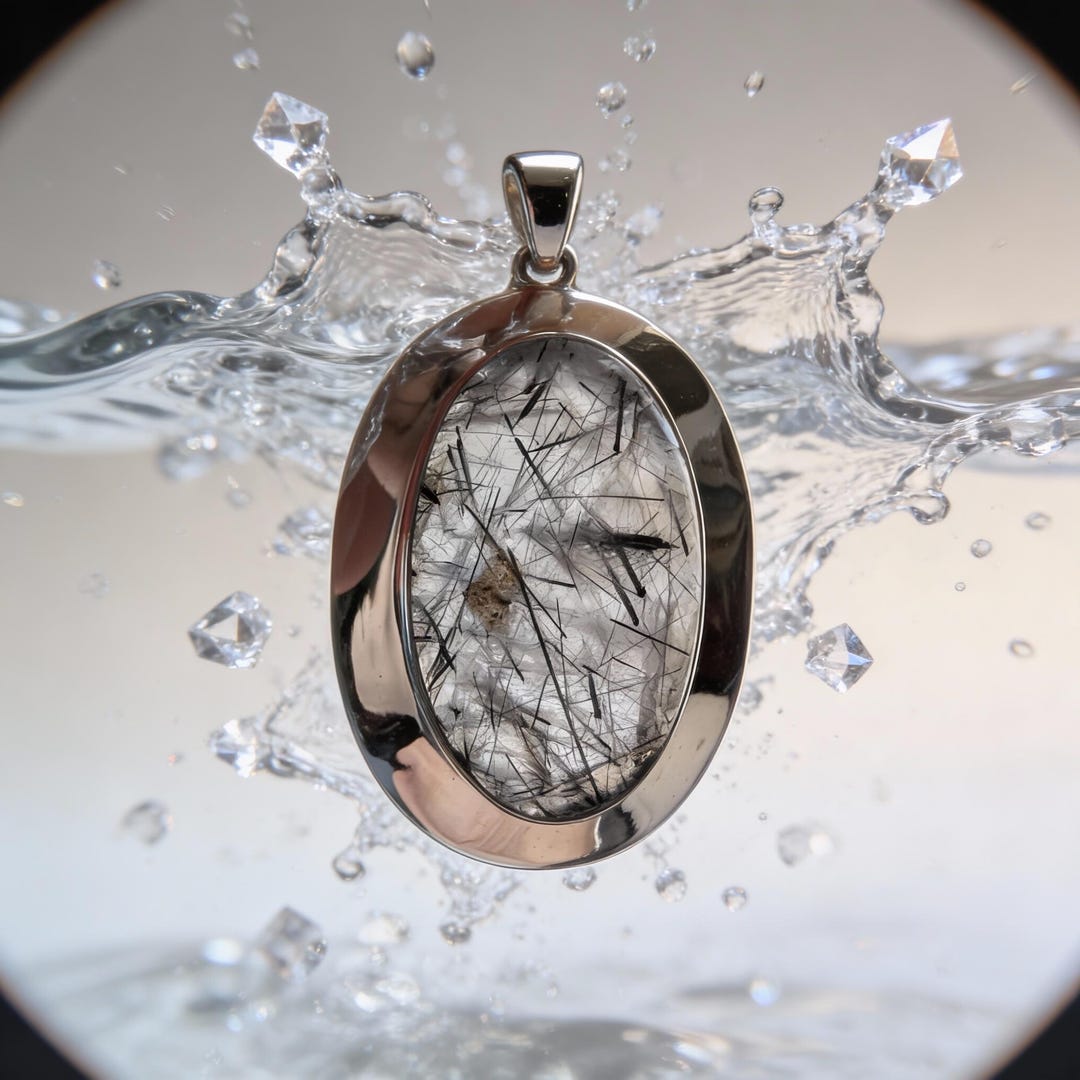 Striking Sterling Silver and Black Rutile Quartz Pendant 13.6g Unusual ...