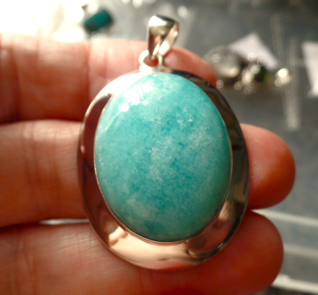 Chunky Sterling Silver Peruvian Blue Amazonite Pendant 15.5g - Etsy