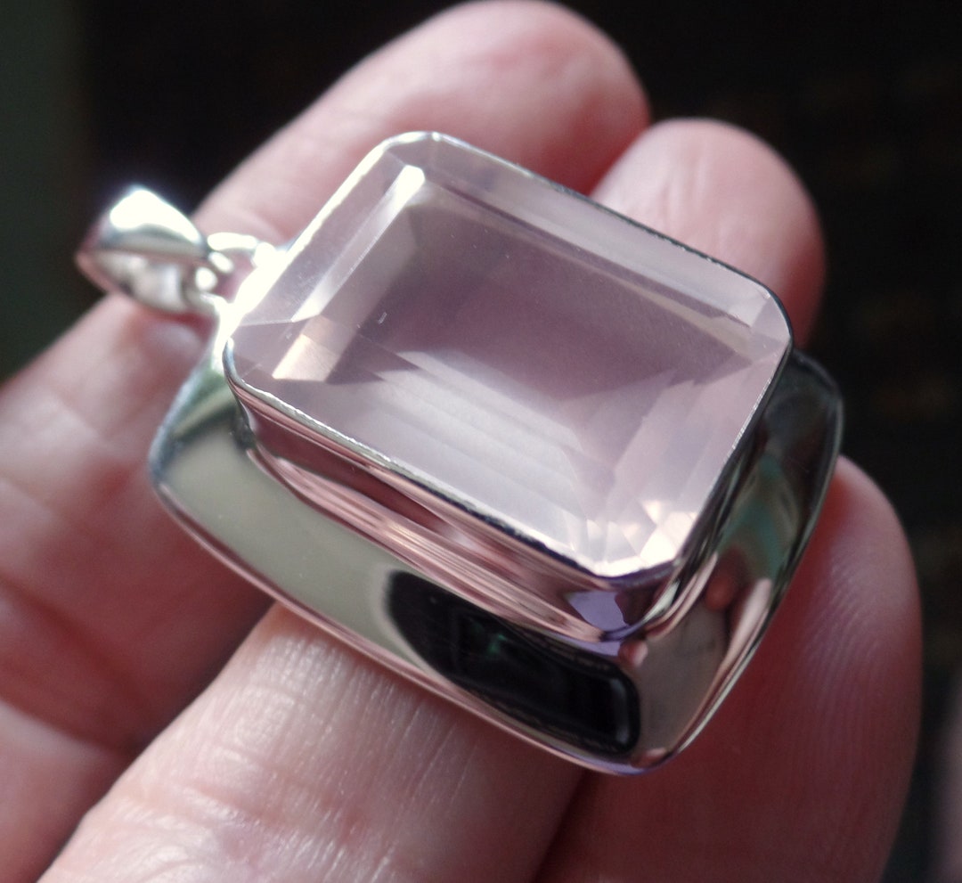 Sterling Silver and Flawless High Grade Emerald Cut Rose Quartz Pendant ...