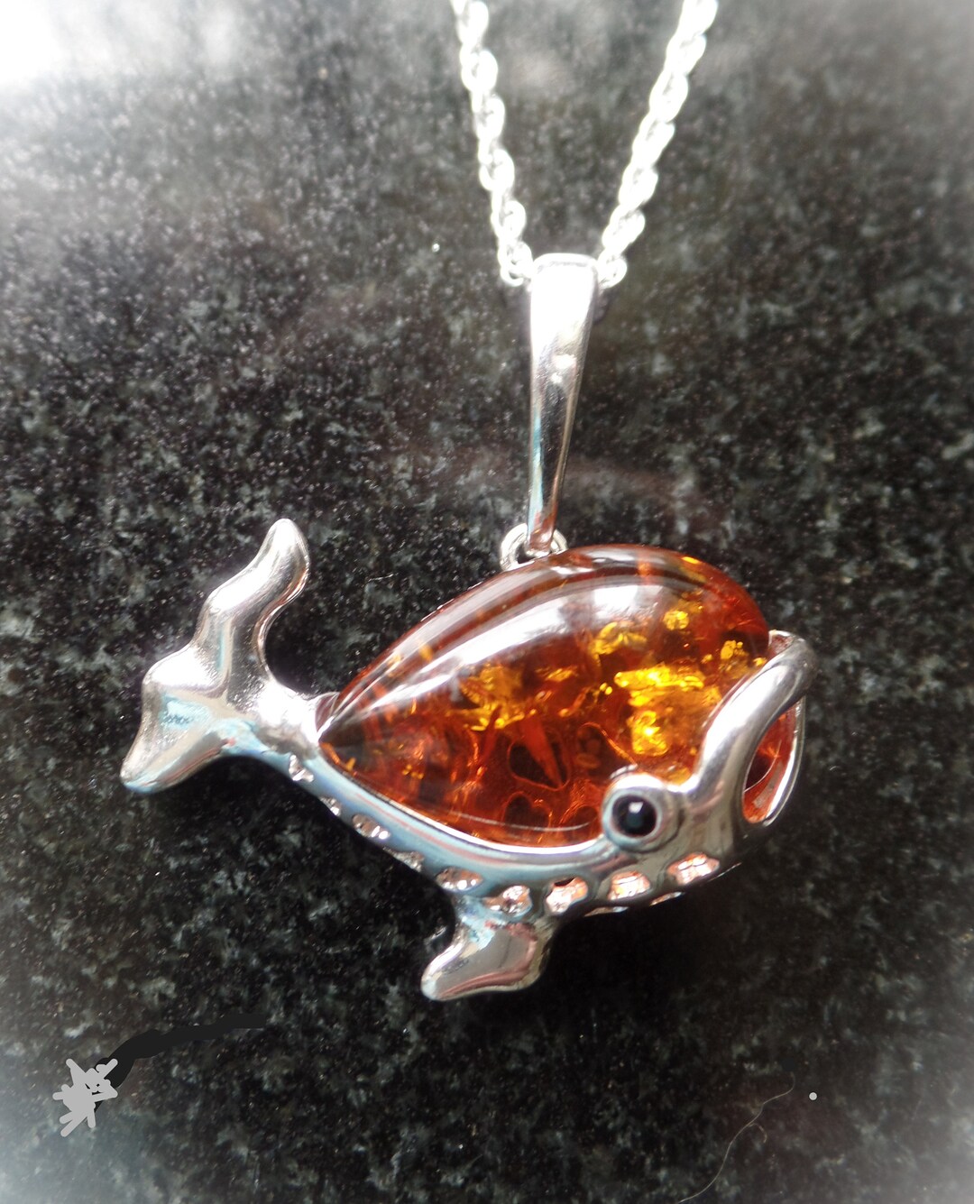 Sterling Silver and Cognac Amber Moby Dick Whale Necklace Amber Taurus ...