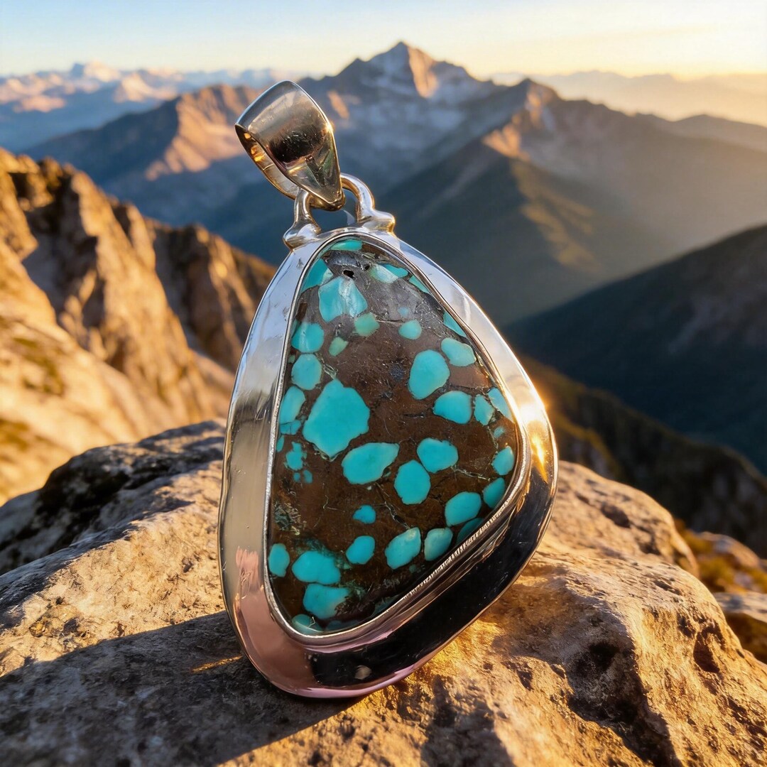 Sterling Silver and Natural Tibetan Turquoise Matrix Pendant 8.9g ...
