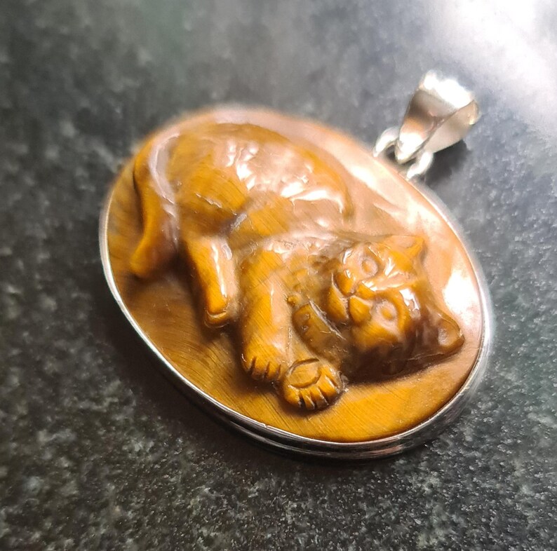 Chunky Sterling Silver and Raised Relief Carved Tigers Eye Cat Pendant ...
