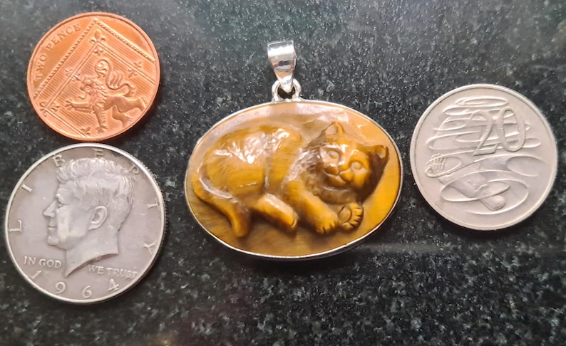 Chunky Sterling Silver and Raised Relief Carved Tigers Eye Cat Pendant ...