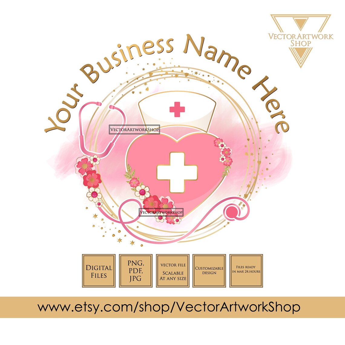 Nurse Scrubs Logo Design, Heart Flowers Nurse Logo, Stethoscope Flowers ...