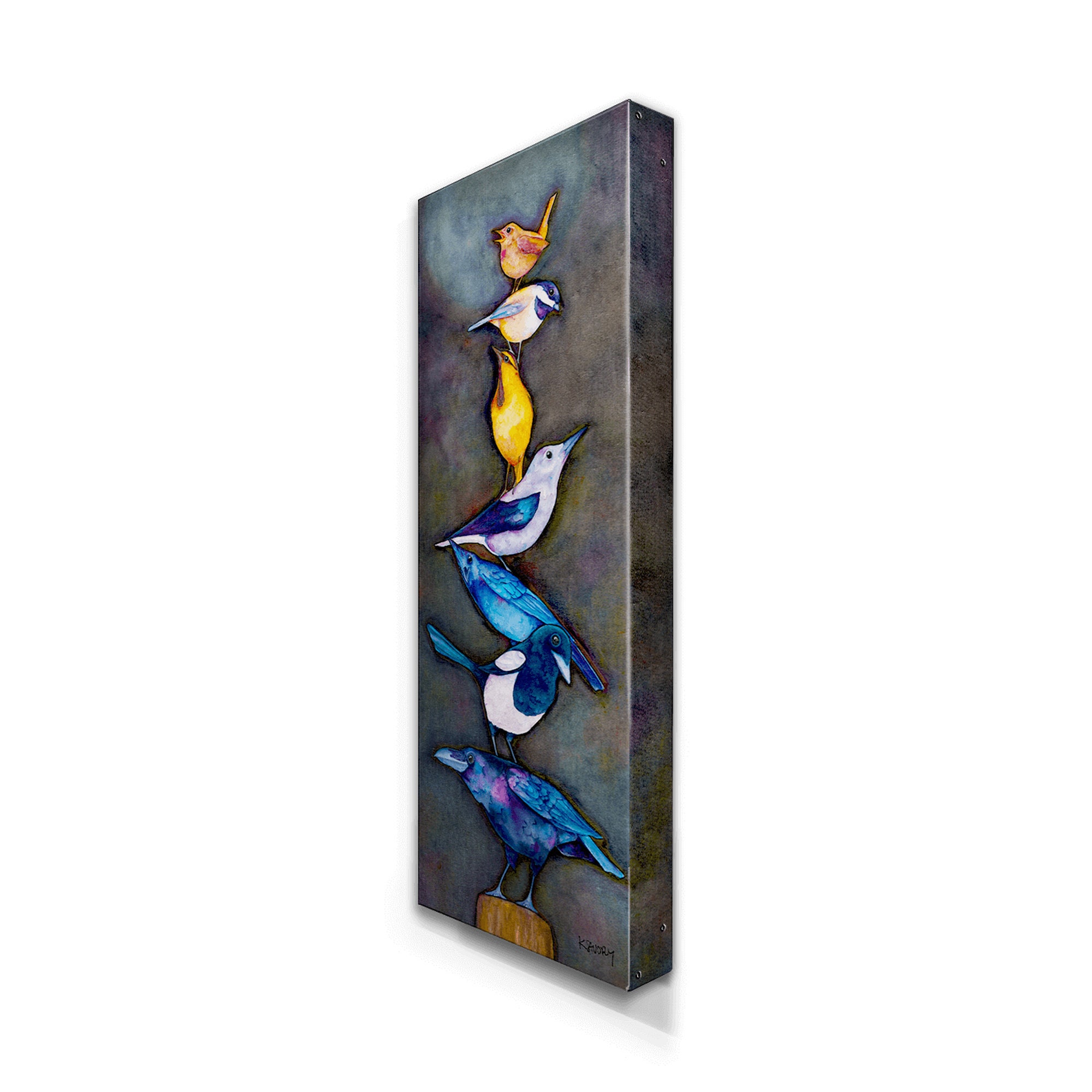 Whimsical Stacked Birds Watercolor Print on Metal, Can Be Hung Inside ...