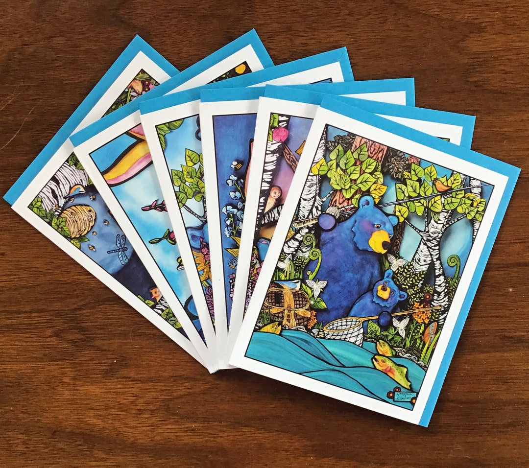 Card Set of 6, Playful Nature Scenes, Woodblock and Watercolor ...