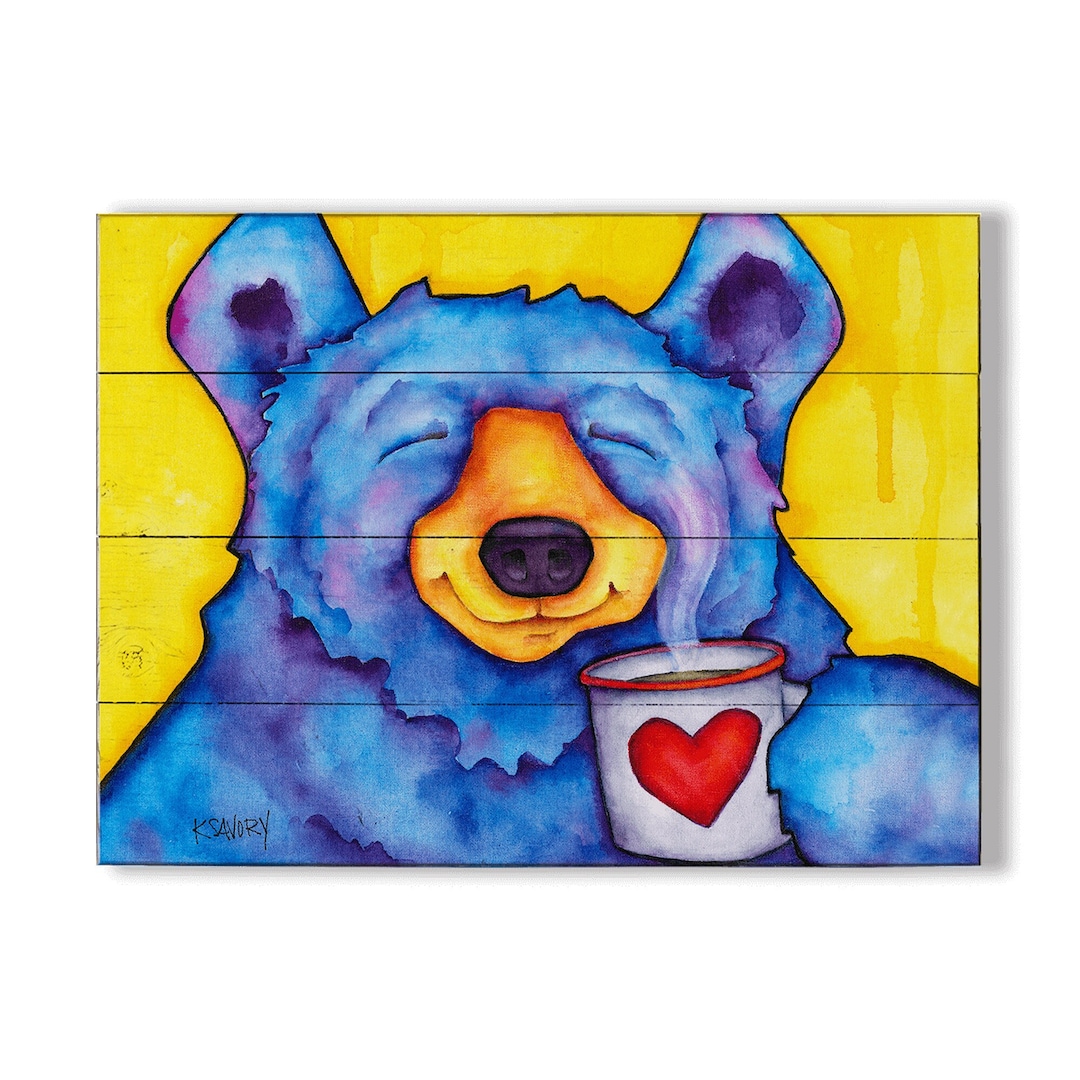 Whimsical Blue Bear Drinking Coffee Print on Wood, Can Be Hung Inside ...