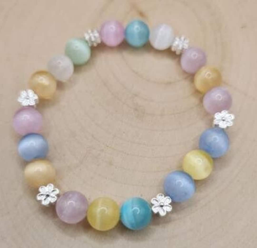 Mixed Color Calcite, Sterling Silver Flowers, Gemstone, Stretch ...