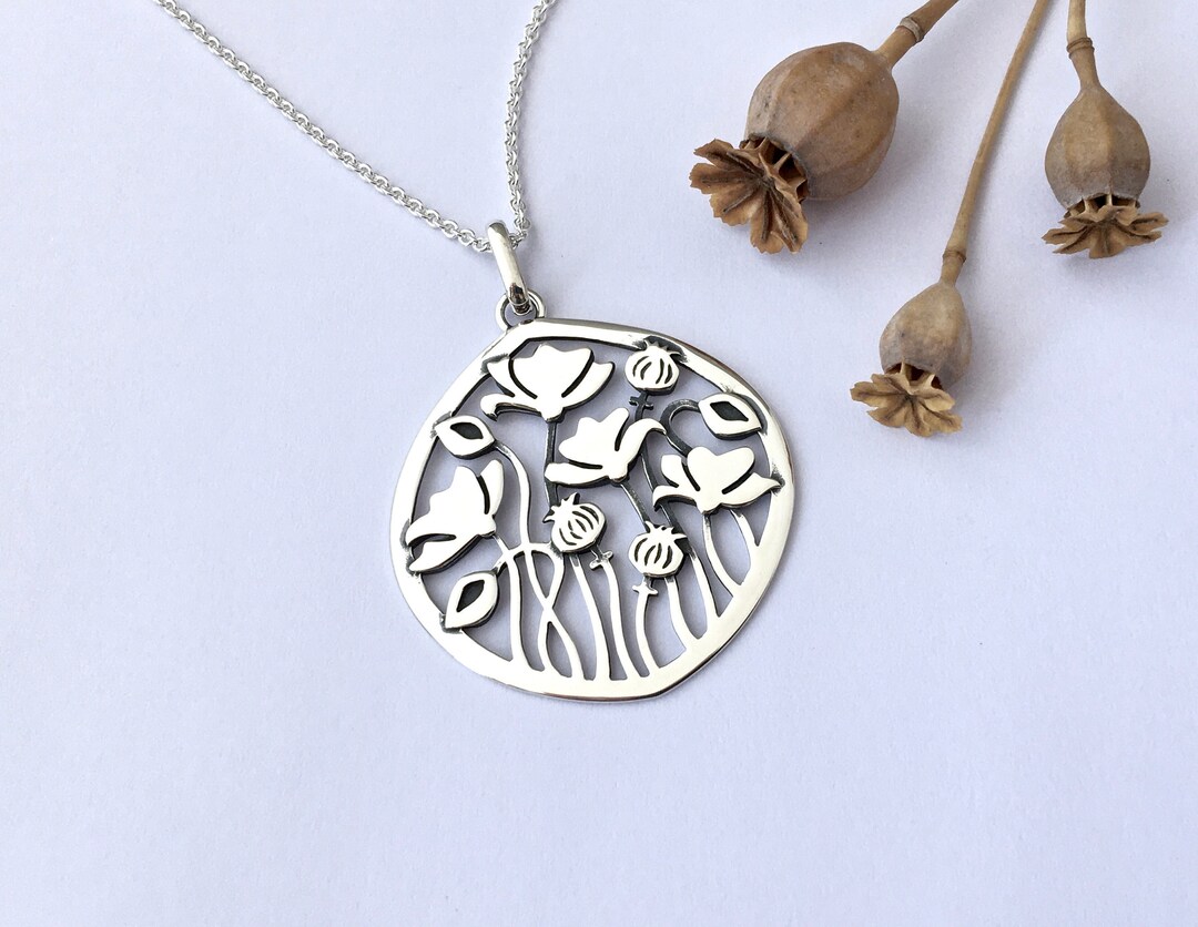Pierced Silver Poppy Pendant on Chain, Sterling Silver Necklace, Poppy ...
