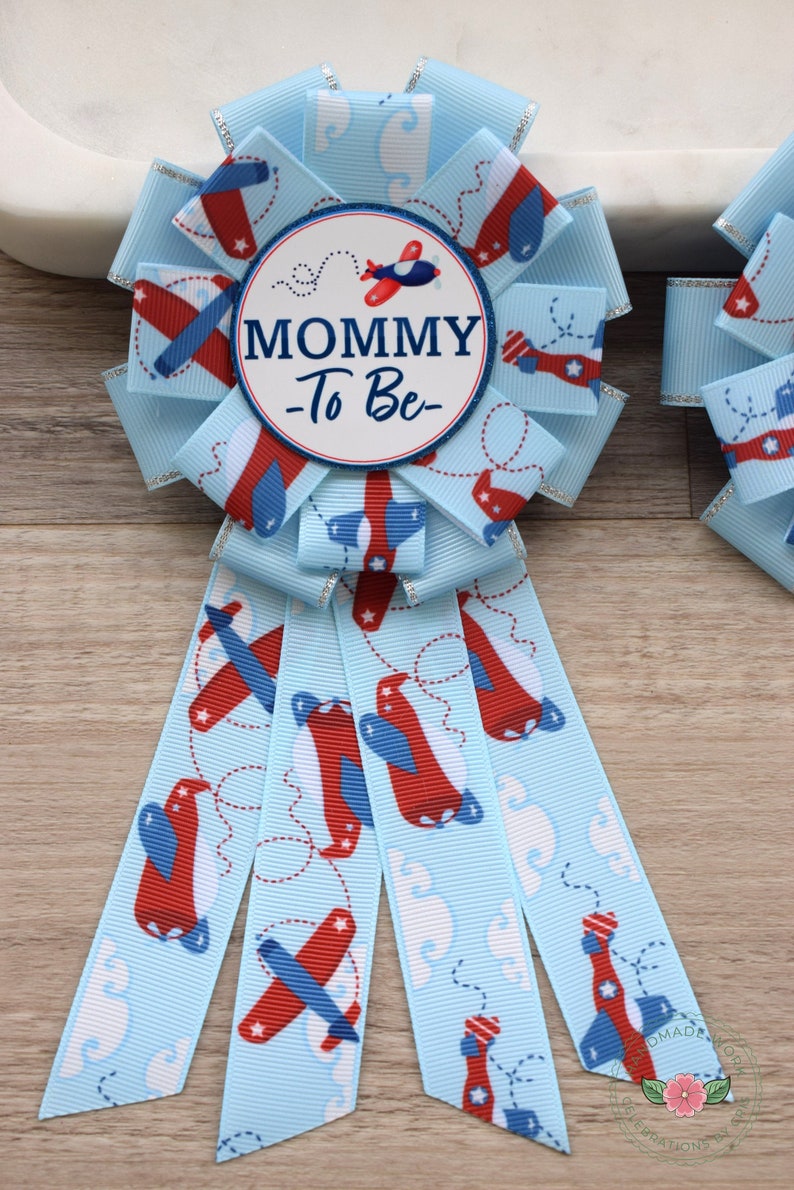 Airplane Baby Shower, Red Blue Parent Corsage Pins, Mommy to Be Ribbon ...