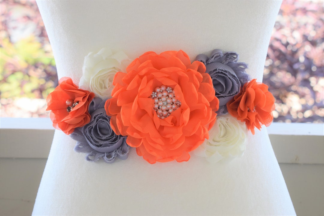 Grey Orange Maternity Sash, Orange Ivory Grey Belly Sash, Flower Sash ...