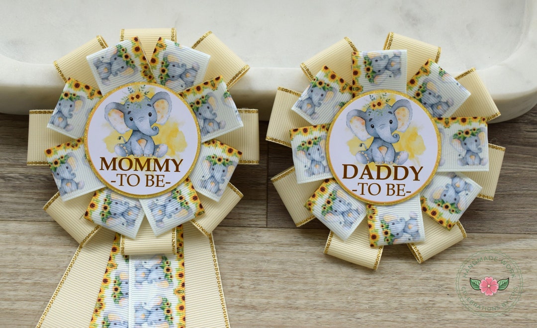 Sunflower Elephant Safari Baby Shower, Parent Corsage Pins, Mommy to Be ...