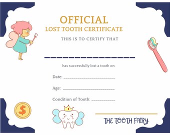 Tooth Fairy Certificate for Boys First Lost Tooth Tooth - Etsy