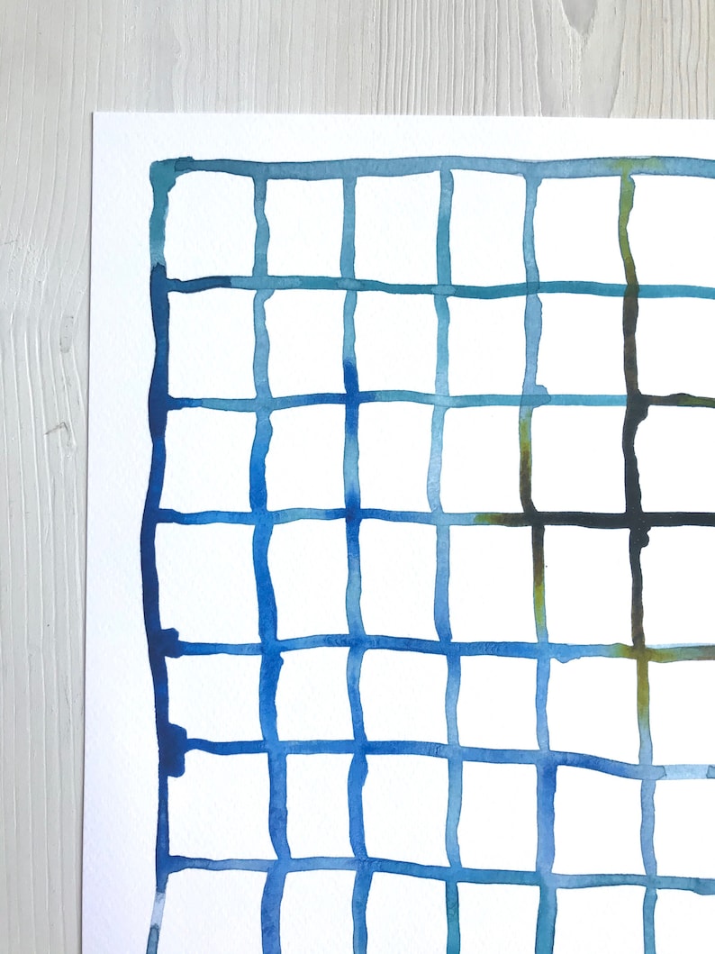 Blue Grid Abstract Watercolor Print Grid Painting Minimalist | Etsy