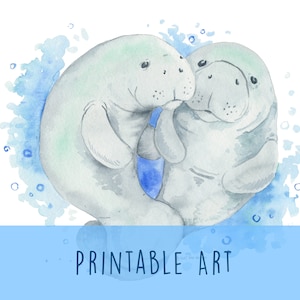 Manatee Digital Art Print, Printable Art, Manatee Print, Nautical Print, Manatee Watercolor ...
