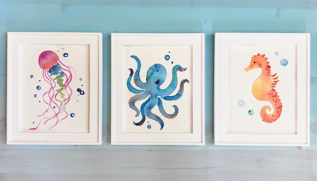 Under the Sea Watercolor Print Set of Three, Sea Creature Wall Art ...