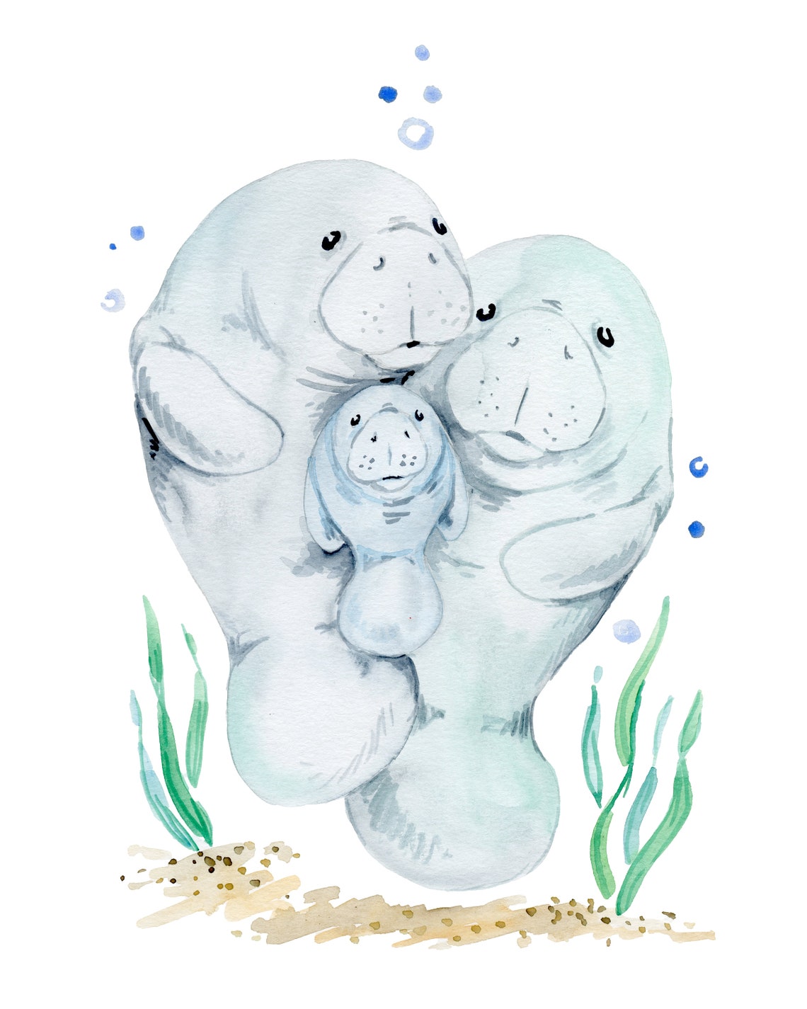 Manatee Family Watercolor, Original Watercolor Print, Nursery Wall Art ...
