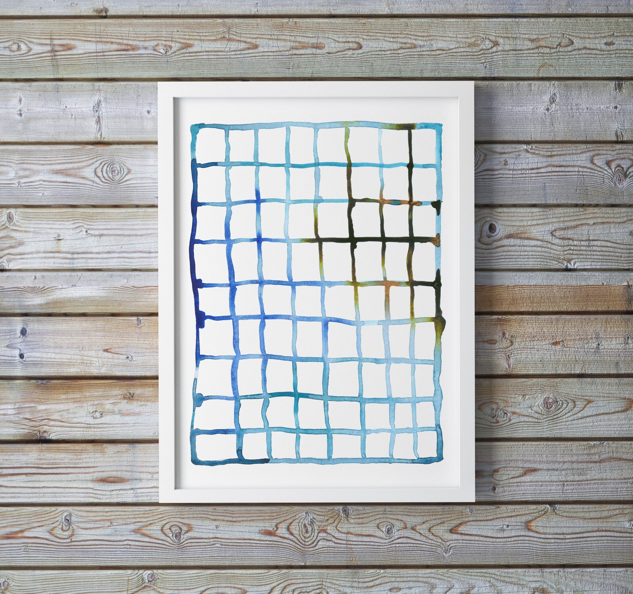 Blue Grid Abstract Watercolor Print Grid Painting Minimalist | Etsy