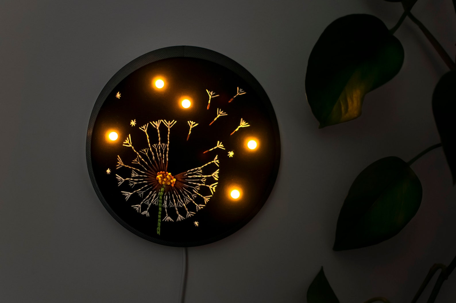 Dandelion - Floral Embroidery Art With LED Lights, Original Table or ...