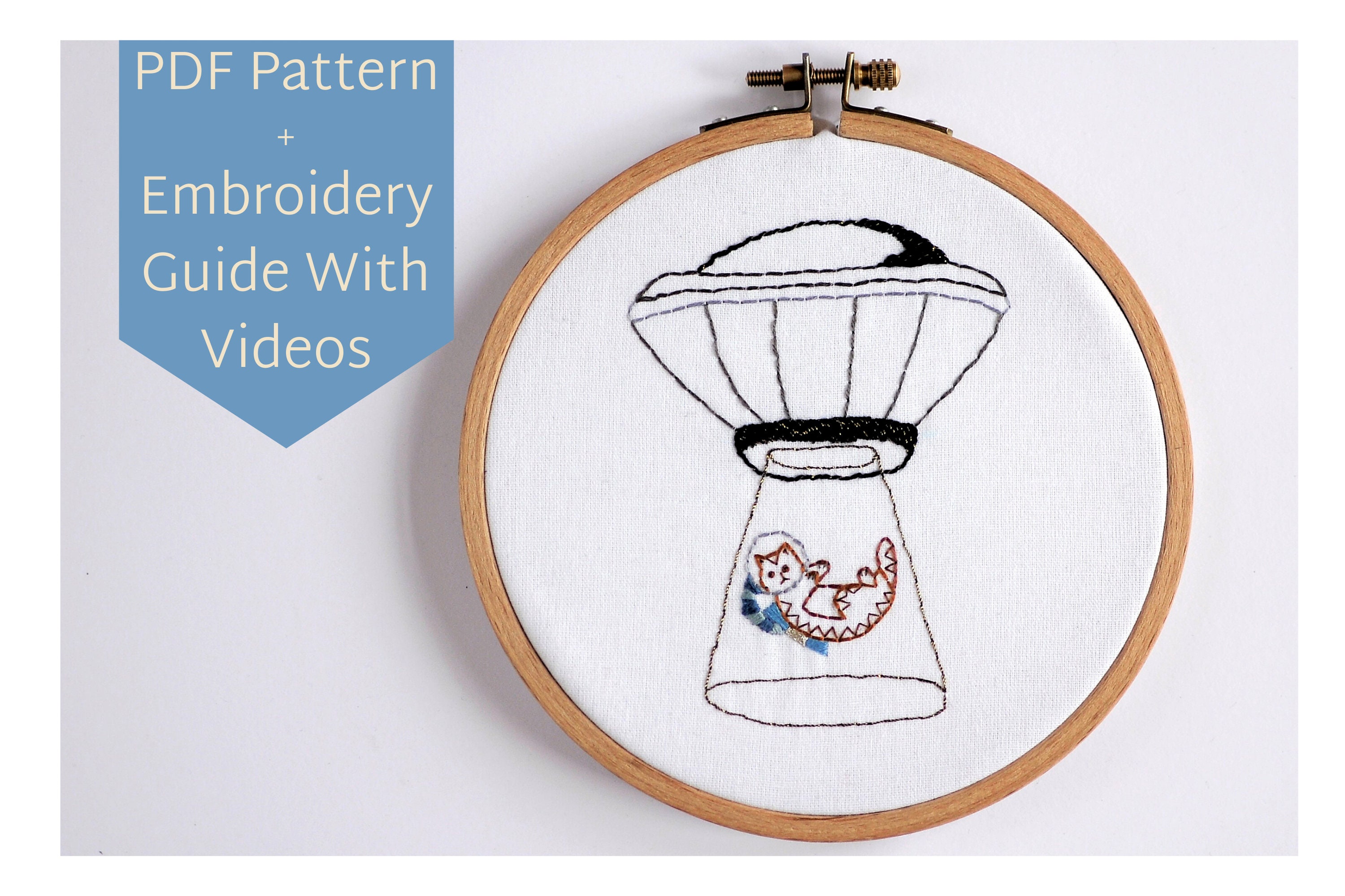 Astronaut Cat and UFO Embroidery Pattern, Printable PDF File With Learn ...