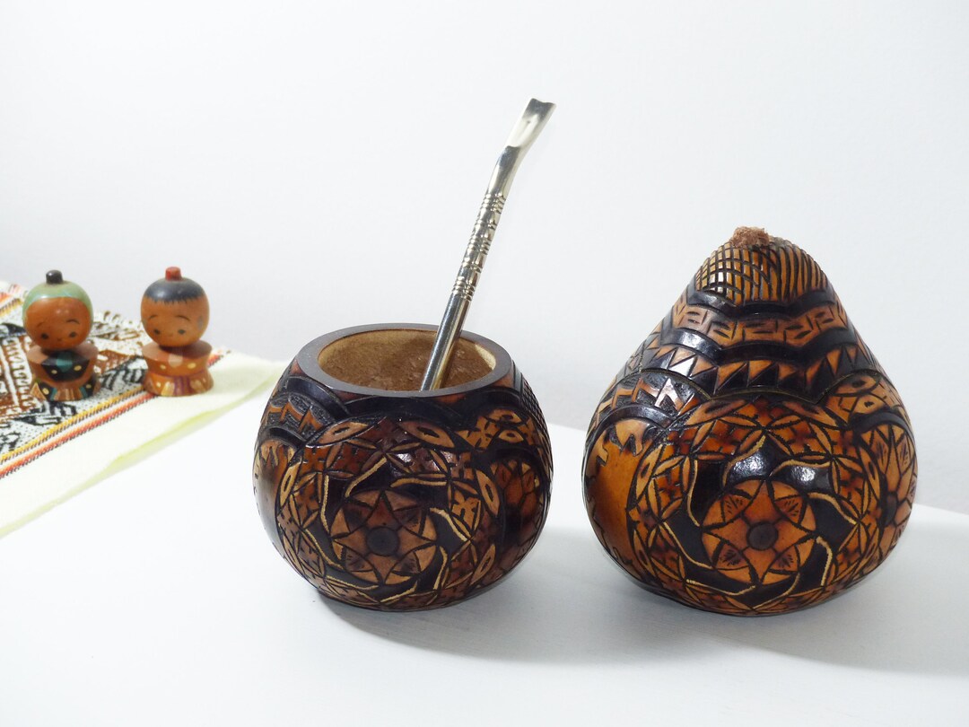 Handcarved Yerba Mate Set - Gourd + Container for Yerba Mate Large ...