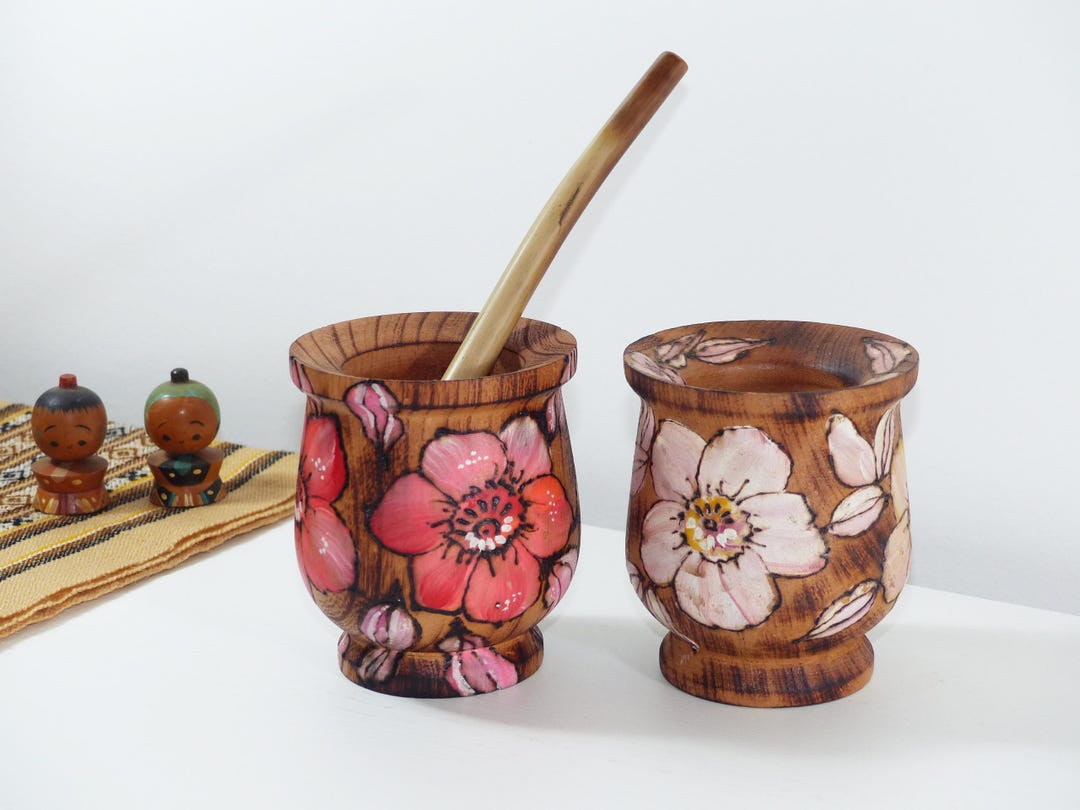2 Wooden Yerba Mate Flowers Carved Design - Includes 4 Straws Bombillas ...