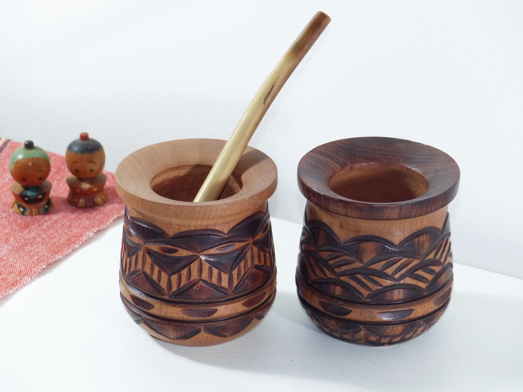 2 Wooden Yerba Mate Full Carved Design - Includes 4 Straws Bombillas ...